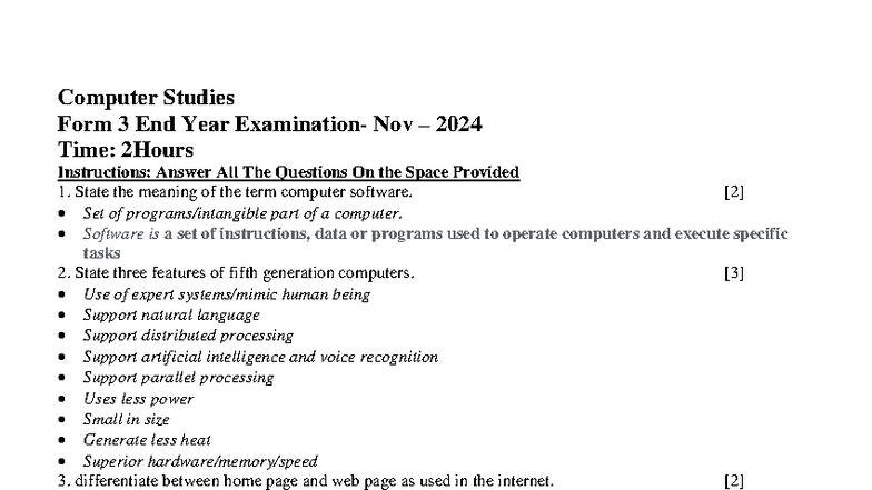 Computer Studies Form 3 End Year Exam Nov 2024 - Answer Key - Studocu