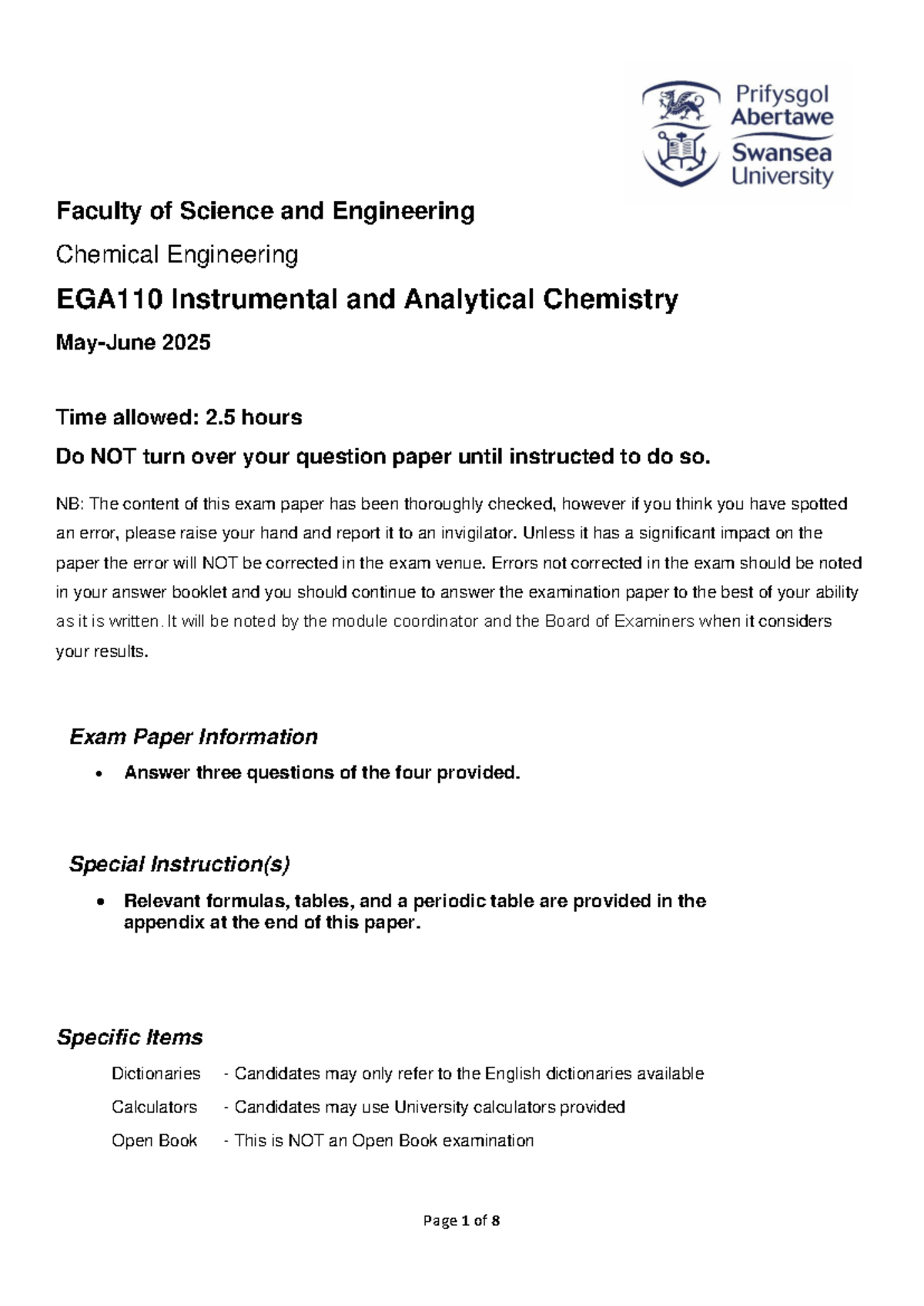 EGA110 2025 - Instrumental & Analytical Chemistry Exam Paper - Studocu