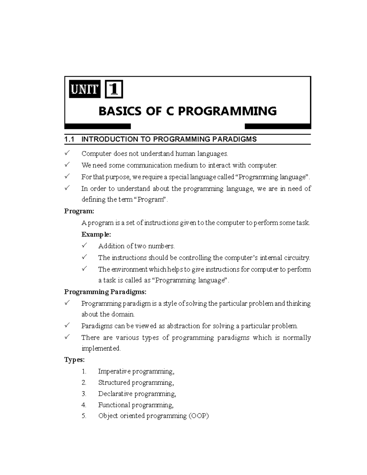 Unit 1: Basics of C Programming - Introduction to Programming Paradigms ...