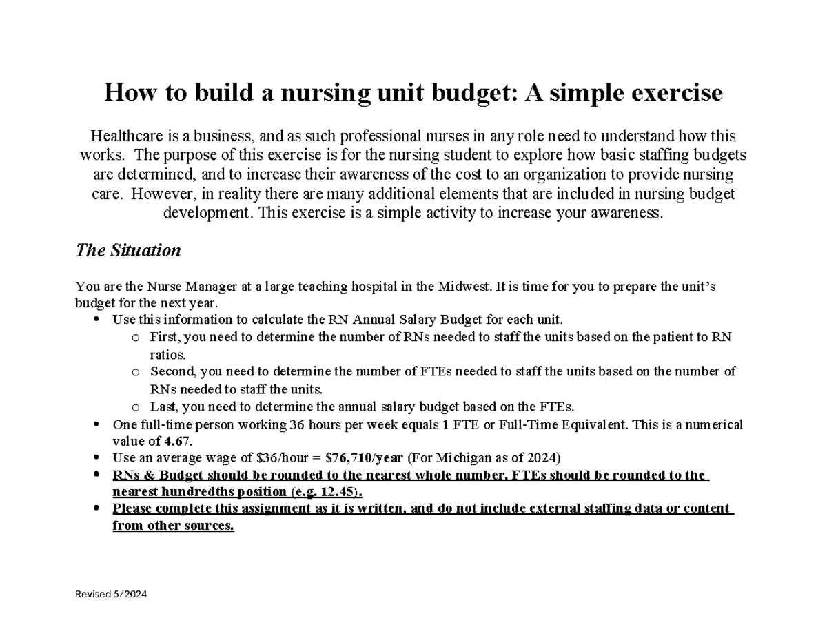 Nursing Unit Budgeting Exercise - Staffing Exercise-5-2024 - Studocu