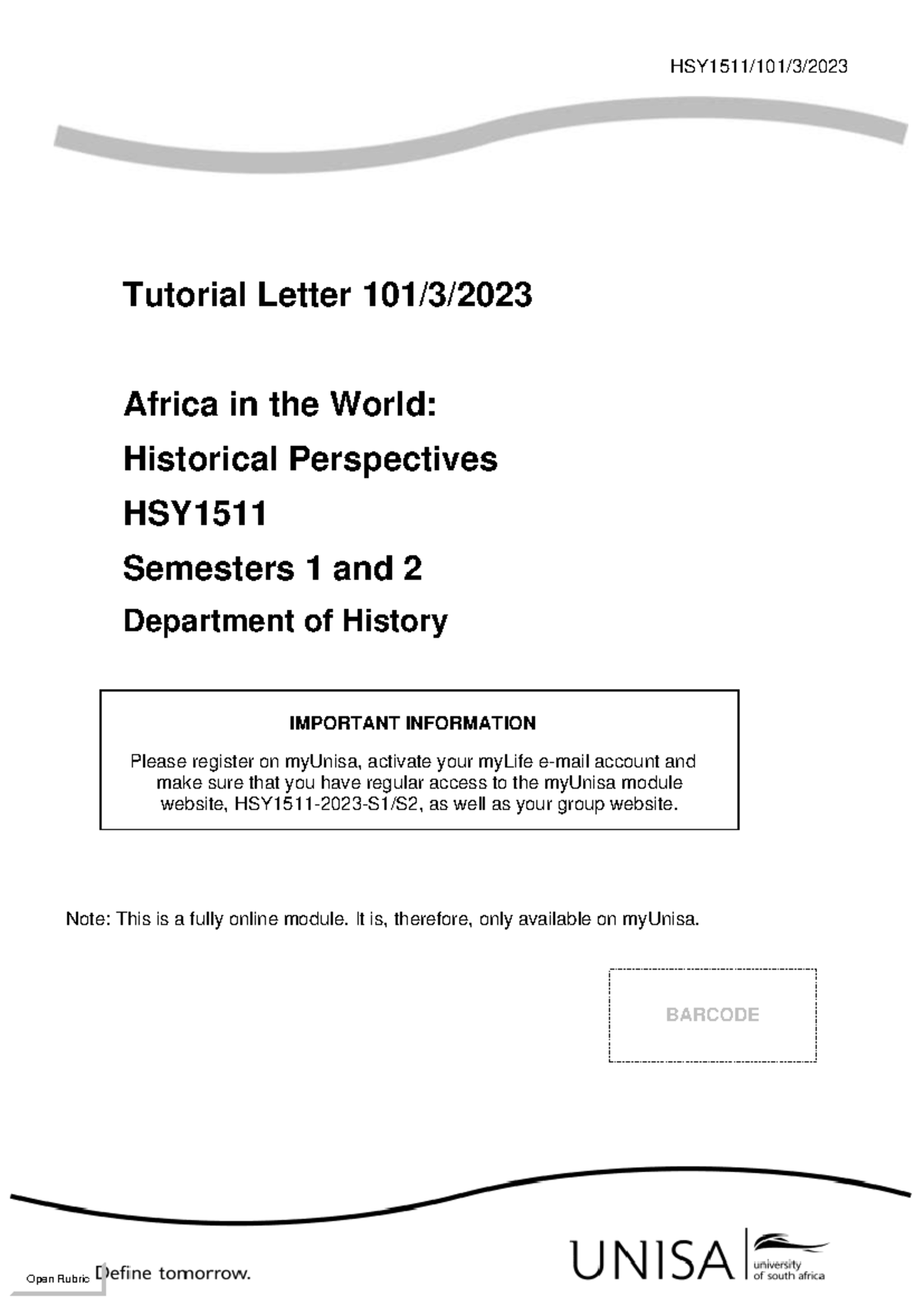 HSY1511 TL101 Tutorial Letter 2023: Africa in the World Perspectives - Studocu