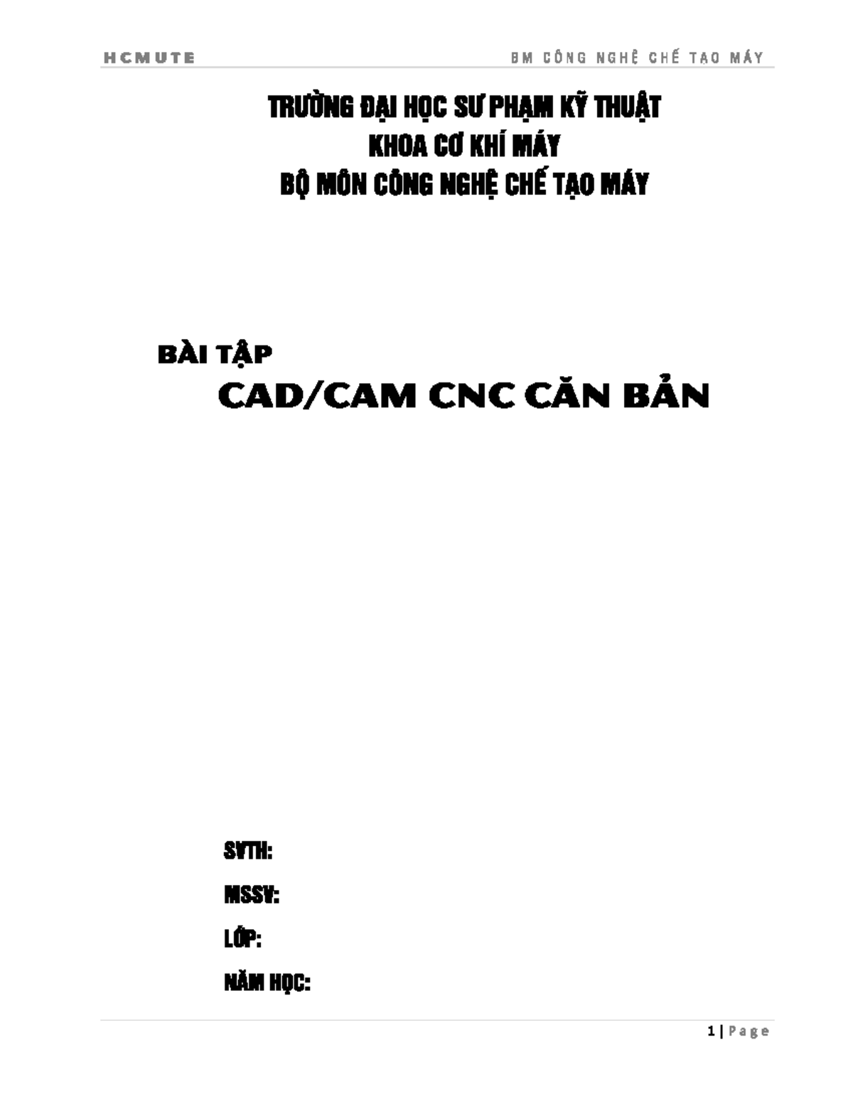 Bài Tập CAD CAM CNC Căn Bản - HCMUTE BM Công Nghệ Chế Tạo Máy - Studocu