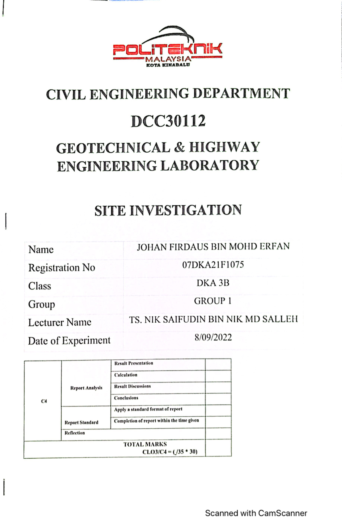 SITE Investigation - STUDENT - Civil Engineering - Studocu