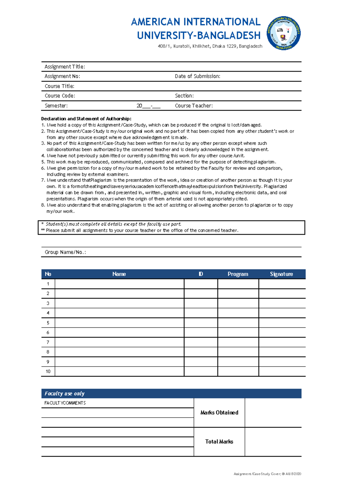 AIUB Assignment Cover Sheet Template for Submission - Studocu