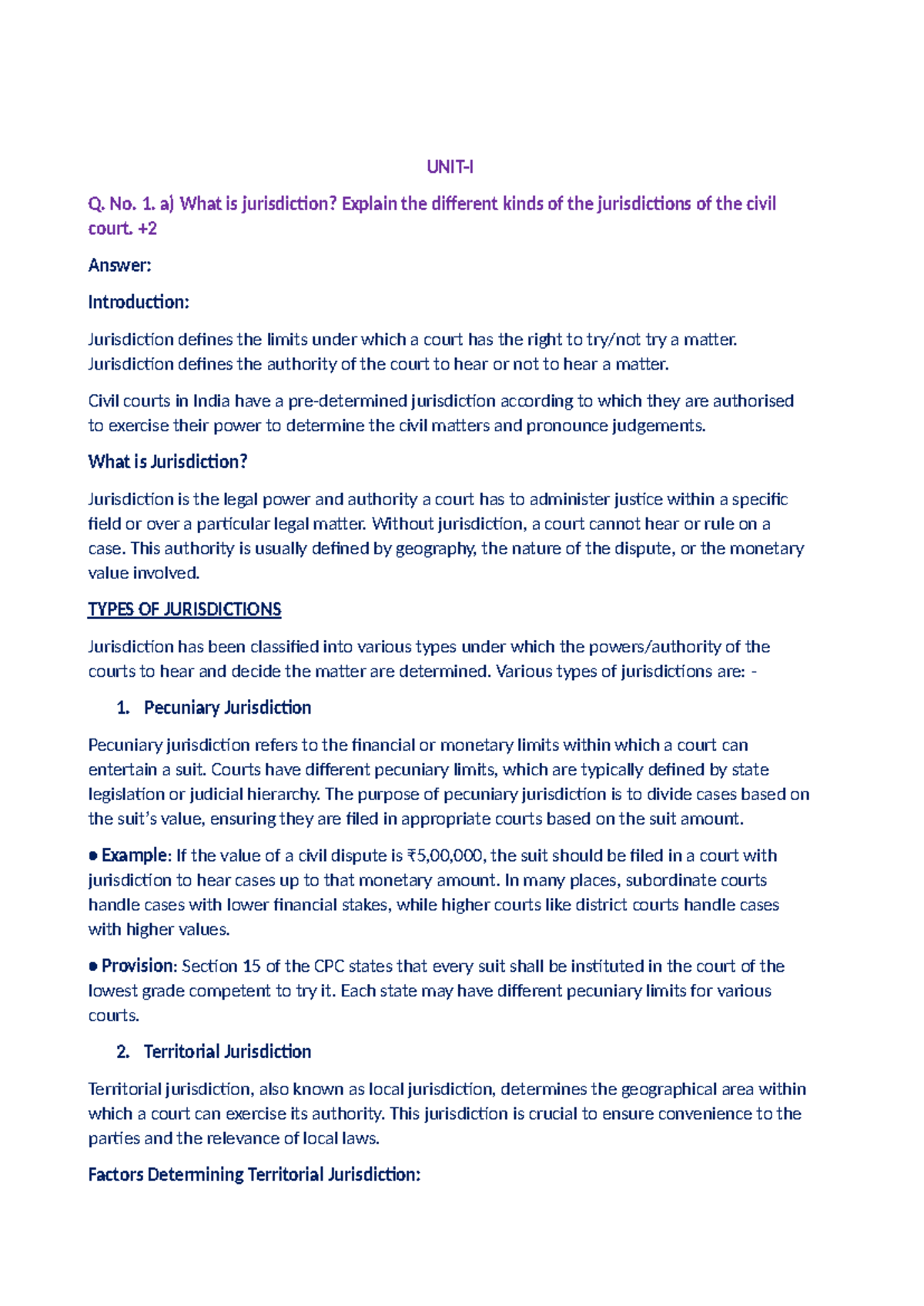 CPC Unit 1: Understanding Jurisdiction and Its Types in Civil Courts ...