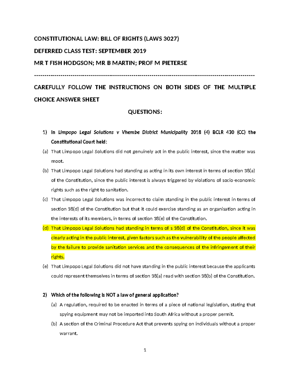 LAWS 3027 Deferred Test Memo: Constitutional Law Bill of Rights ...