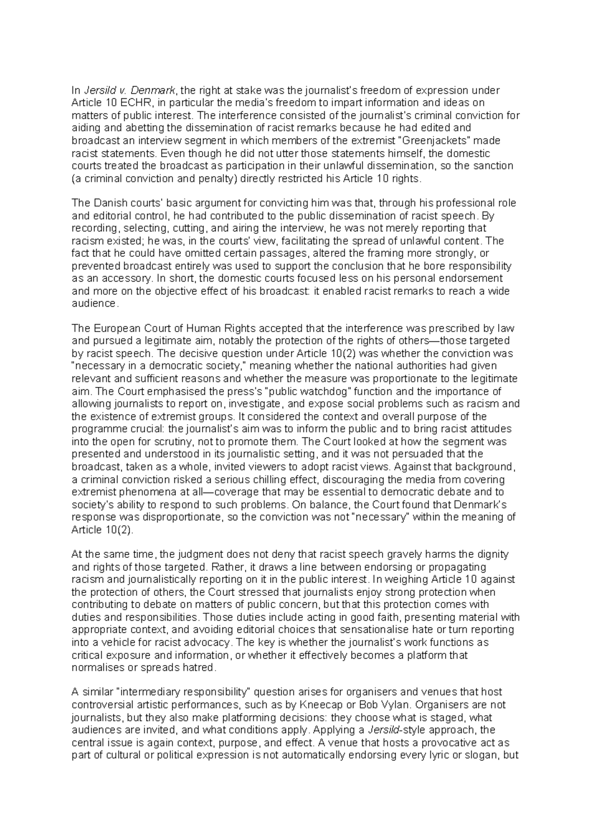 Funda Week 4 - Jersild v. Denmark: Freedom of Expression Analysis ...