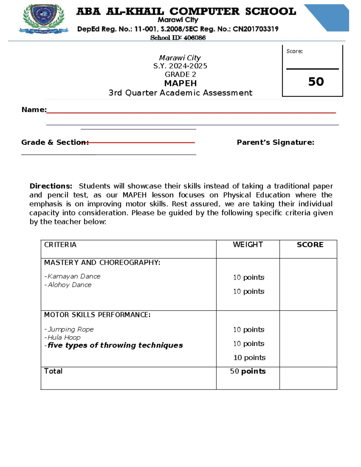 Grade 2 MAPEH 3rd Quarter Academic Assessment Score Sheet - Studocu