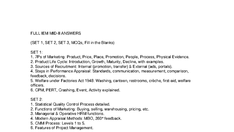 IEM Full Answers: MCQs, Fill in the Blanks, and Key Concepts - Studocu
