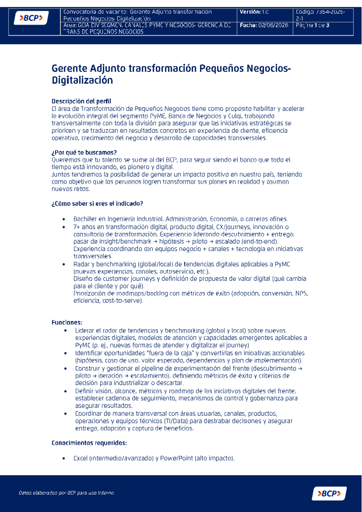 BCP - Convocatoria Gerente Adjunto Transformación Digital (7364) - Studocu