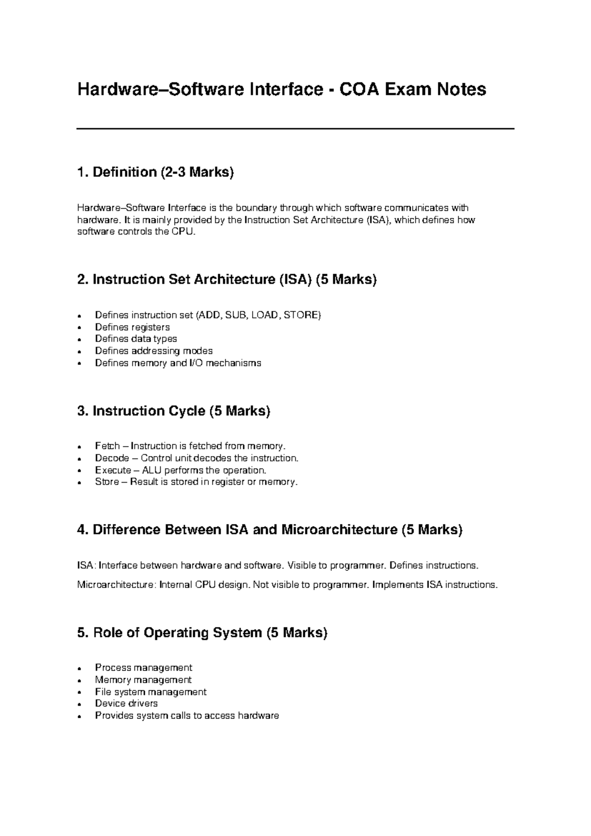COA Interface Exam Notes: ISA, Instruction Cycle & OS Roles - Studocu