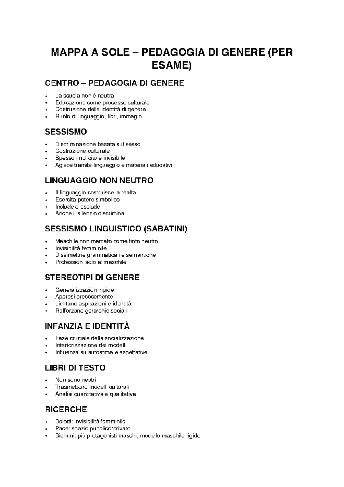 MAPPA A SOLE: PEDAGOGIA DI GENERE PER ESAME - Studocu