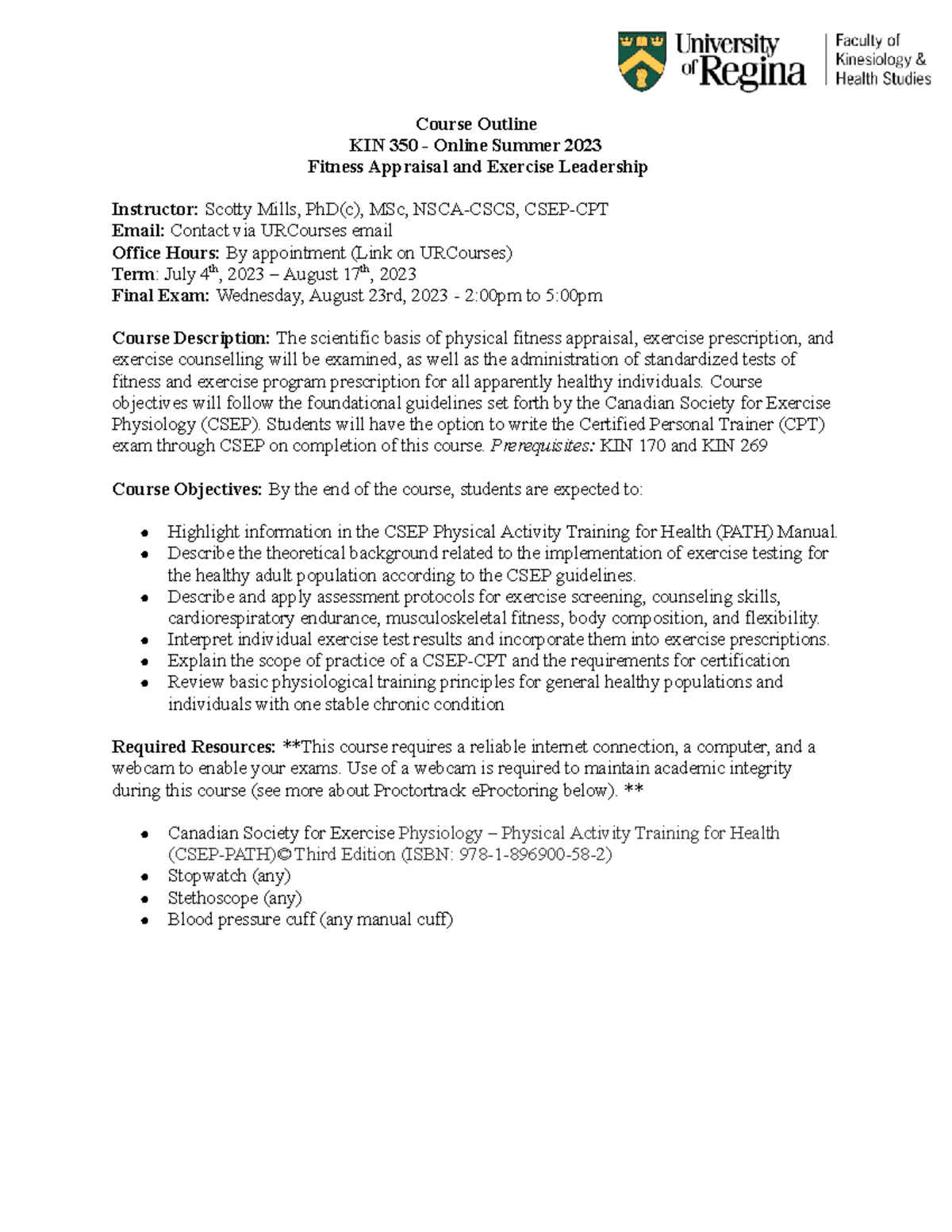 Course Outline KIN 350: Fitness Appraisal & Exercise Leadership (Summer ...