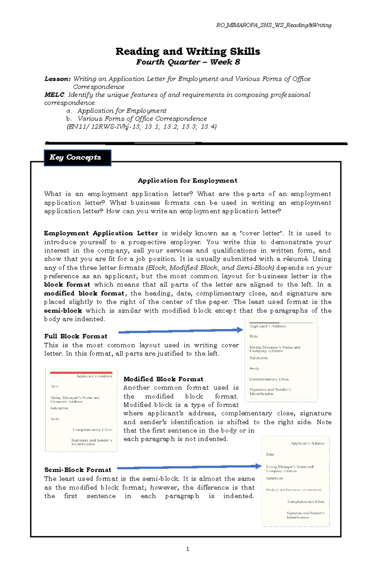 Senior High School - Reading and Writing - Week 8 Lesson on Application ...