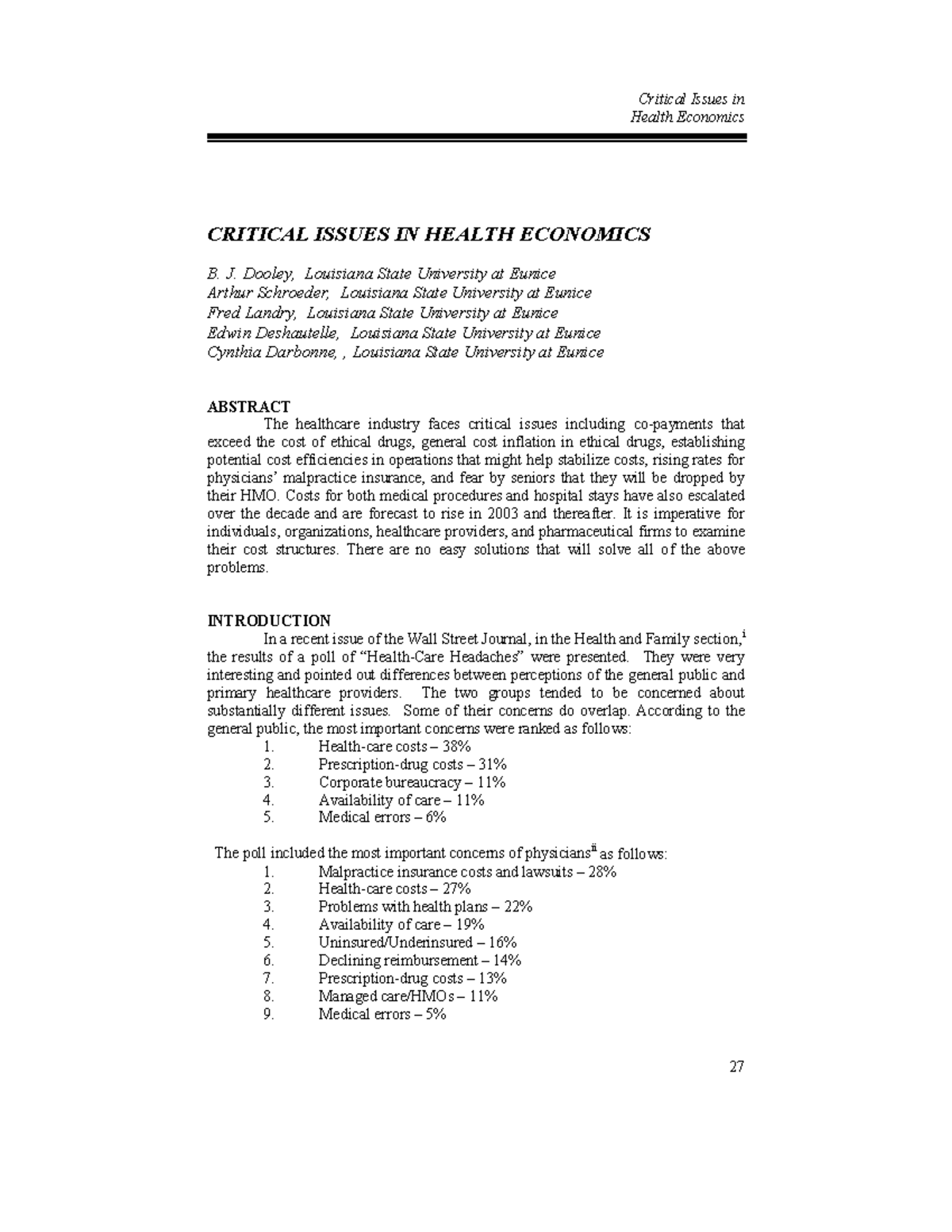 Major Economic Issues in Healthcare - Critical Issues in Health ...