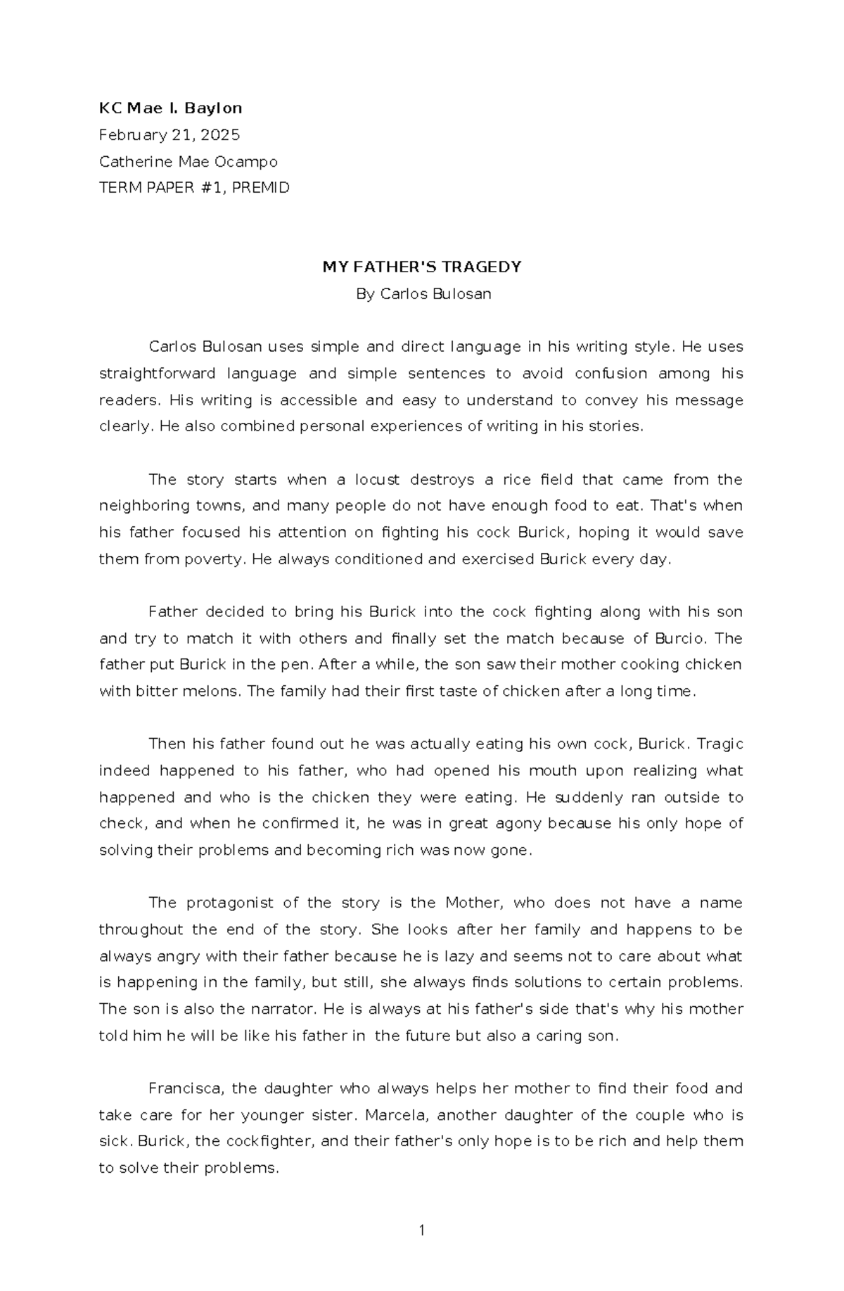 TERM PAPER #1, PREMID: My Father's Tragedy Analysis - Studocu