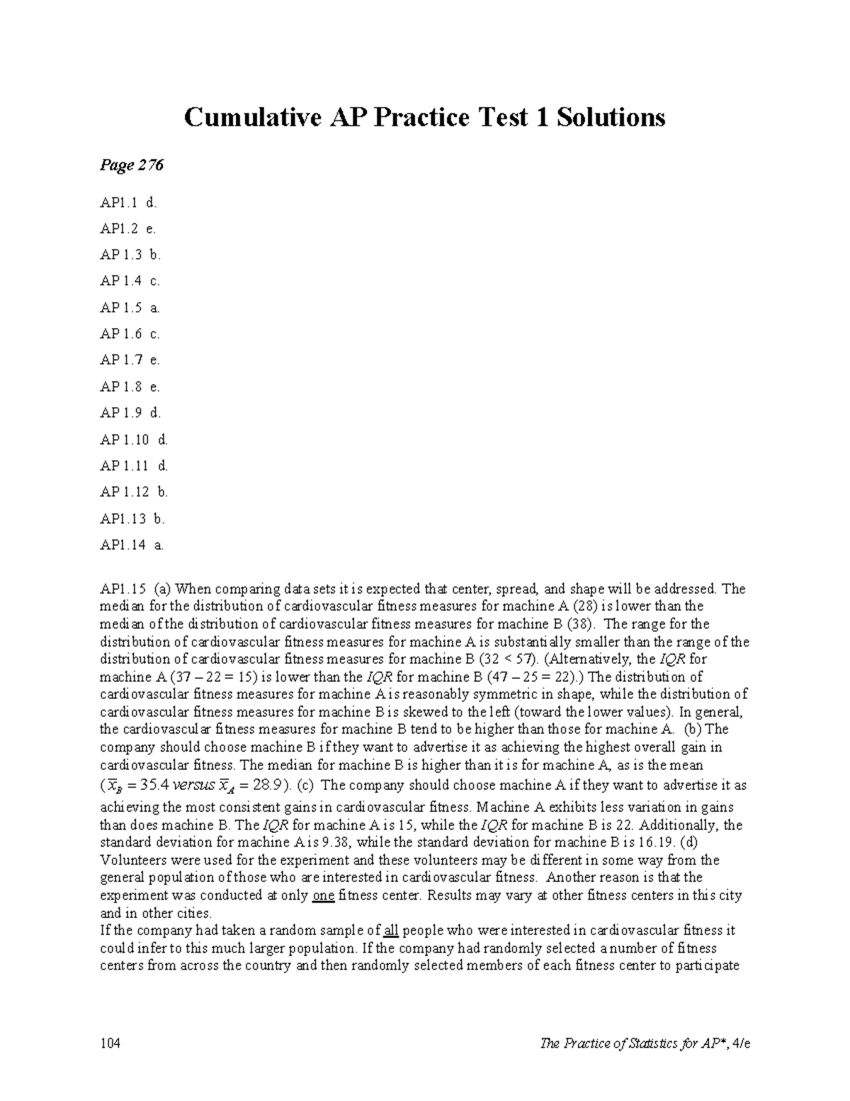 Solutions to Practice Test 1 (P. 276) - 104 The Practice of Statistics ...