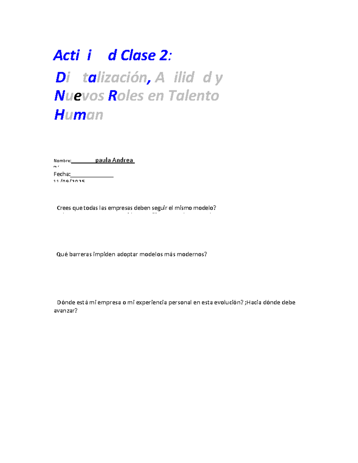 Actividad Clase 2: Digitalización y Nuevos Roles en Talento Humano - Studocu