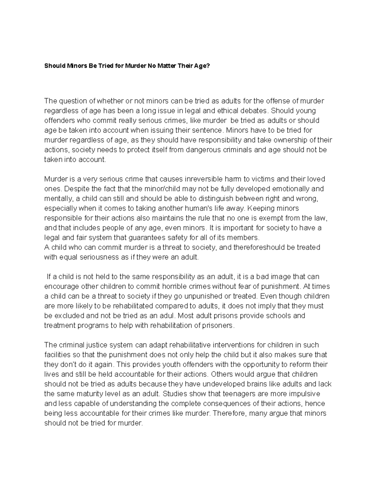 Arg Essay-2: Should Minors Be Tried for Murder Regardless of Age? - Studocu