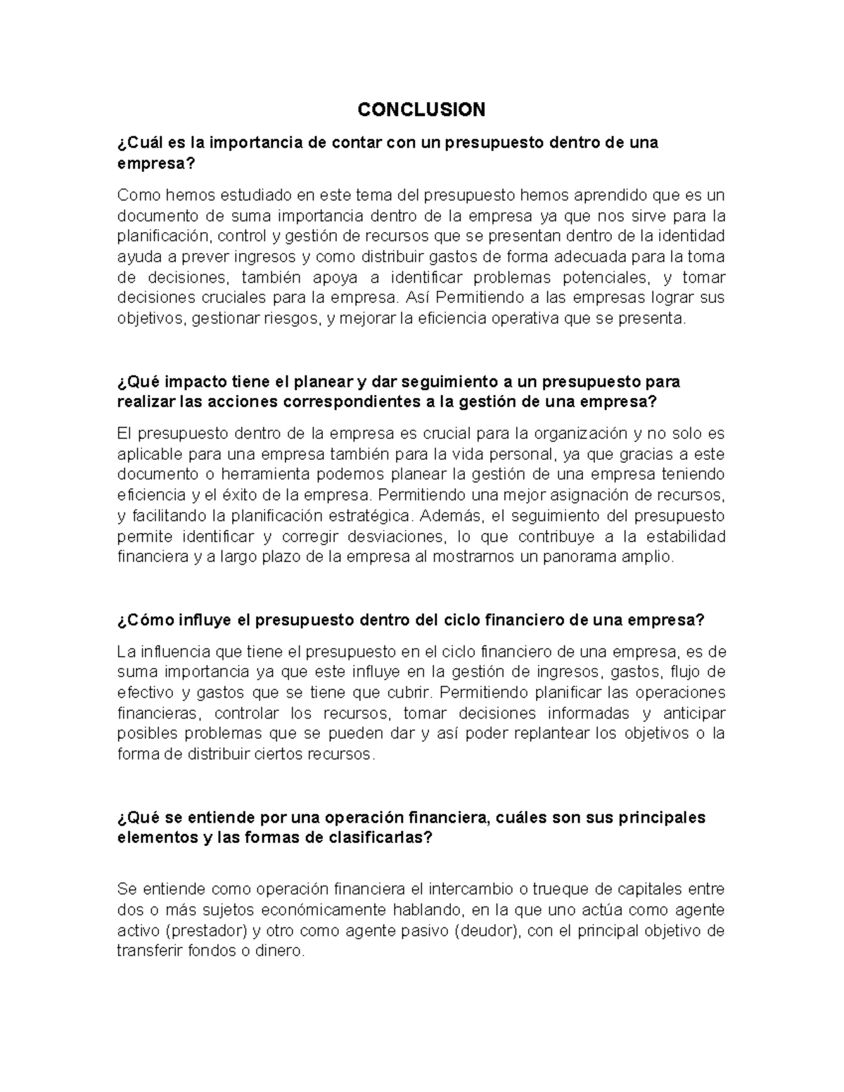 Conclusión sobre el Presupuesto en la Gestión Empresarial - Studocu