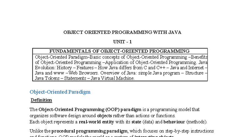 Java (CS101) Unit 1: Fundamentals of Object-Oriented Programming - Studocu