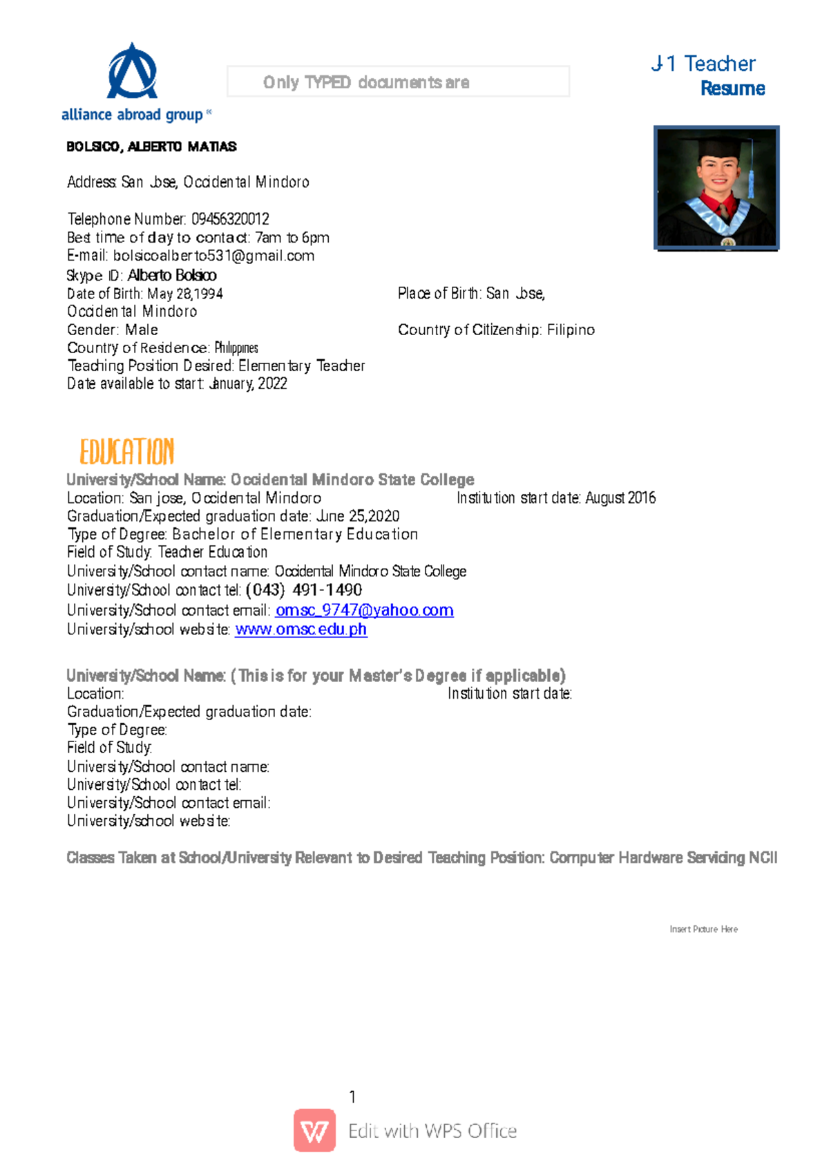 AAG Resume Template - Educational programs - J- 1 Teacher ...