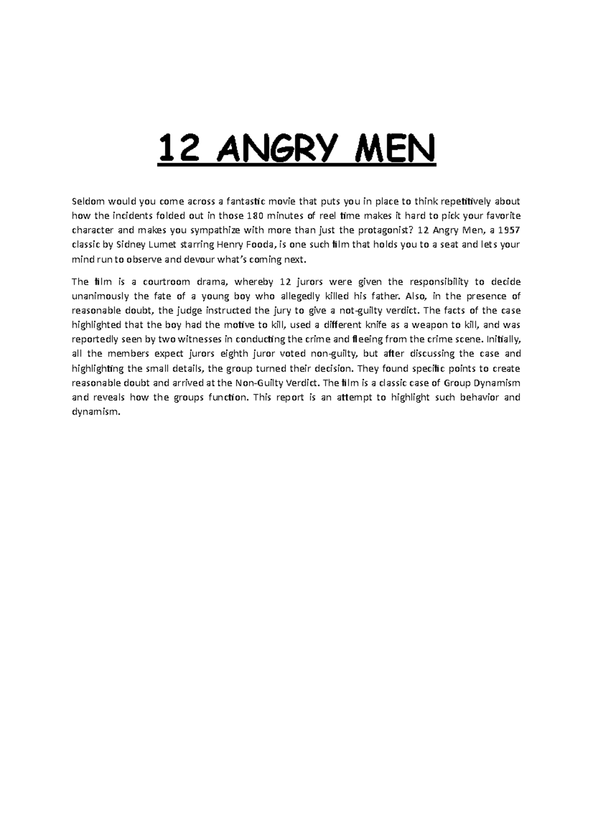 12 Angry Men: A Group Dynamism Analysis and Verdict Overview - Studocu
