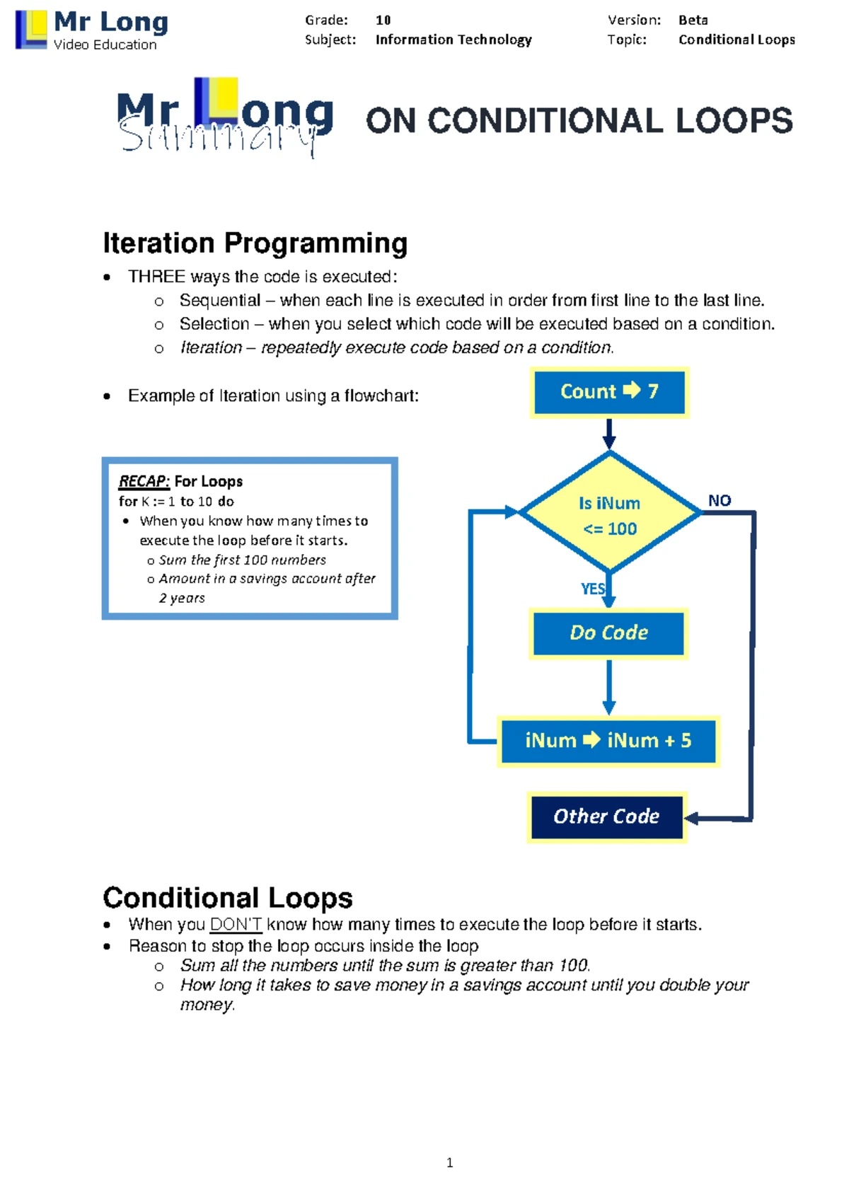 Conditional Loops IT – Mr Long Student Guide for Grade 10 - Studocu
