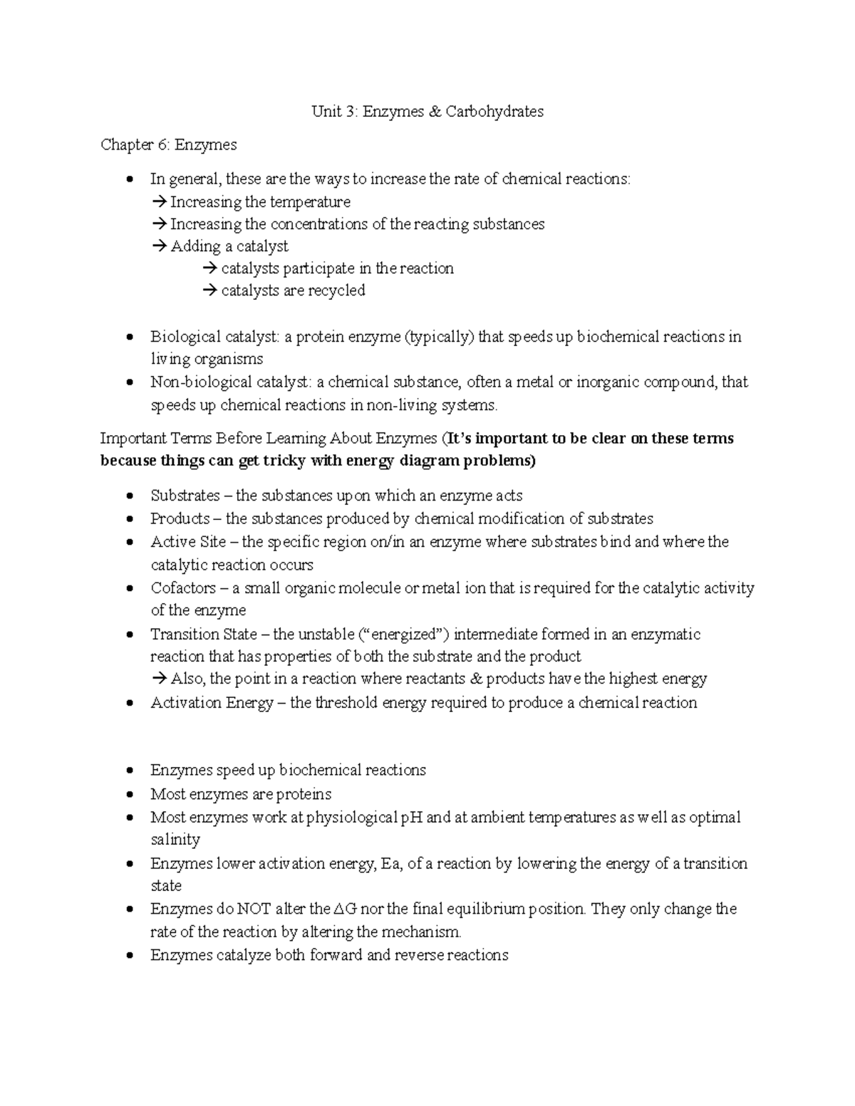Unit 3: Enzymes and Carbohydrates - Chapter 6 & 7 Overview - Studocu