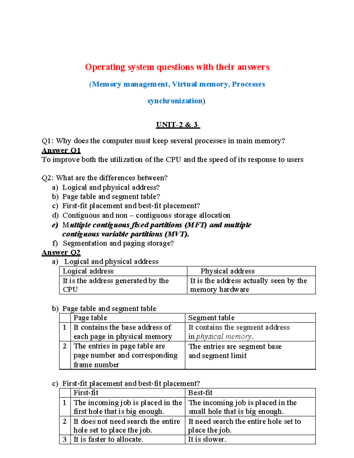 Operating System (OS) Q&A: Memory Management & Process Synchronization - Studocu