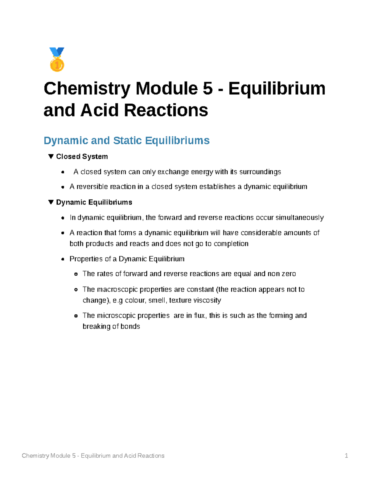 Chemistry 11 - Module 5: Equilibrium & Acid Reactions Overview - Studocu