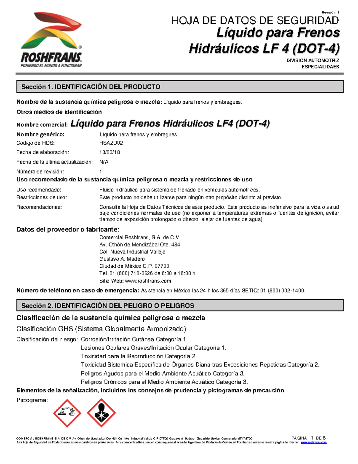 HDS Líquido para Frenos Hidráulicos LF4 (DOT-4) (34) - HOJA DE DATOS DE SEGURIDAD Líquido para ...
