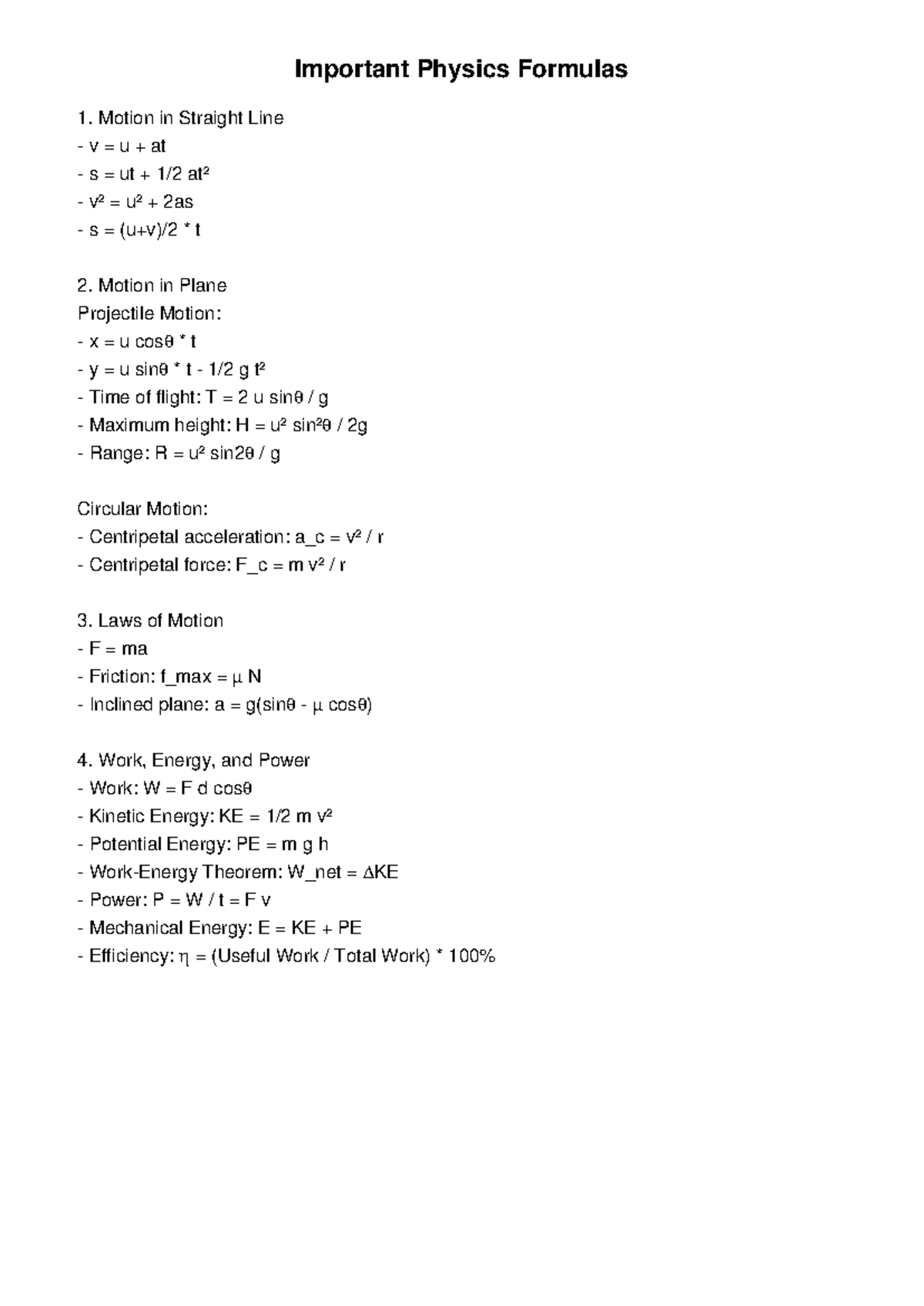 PHYS101: Essential Formulas for Motion, Energy, and Forces - Studocu
