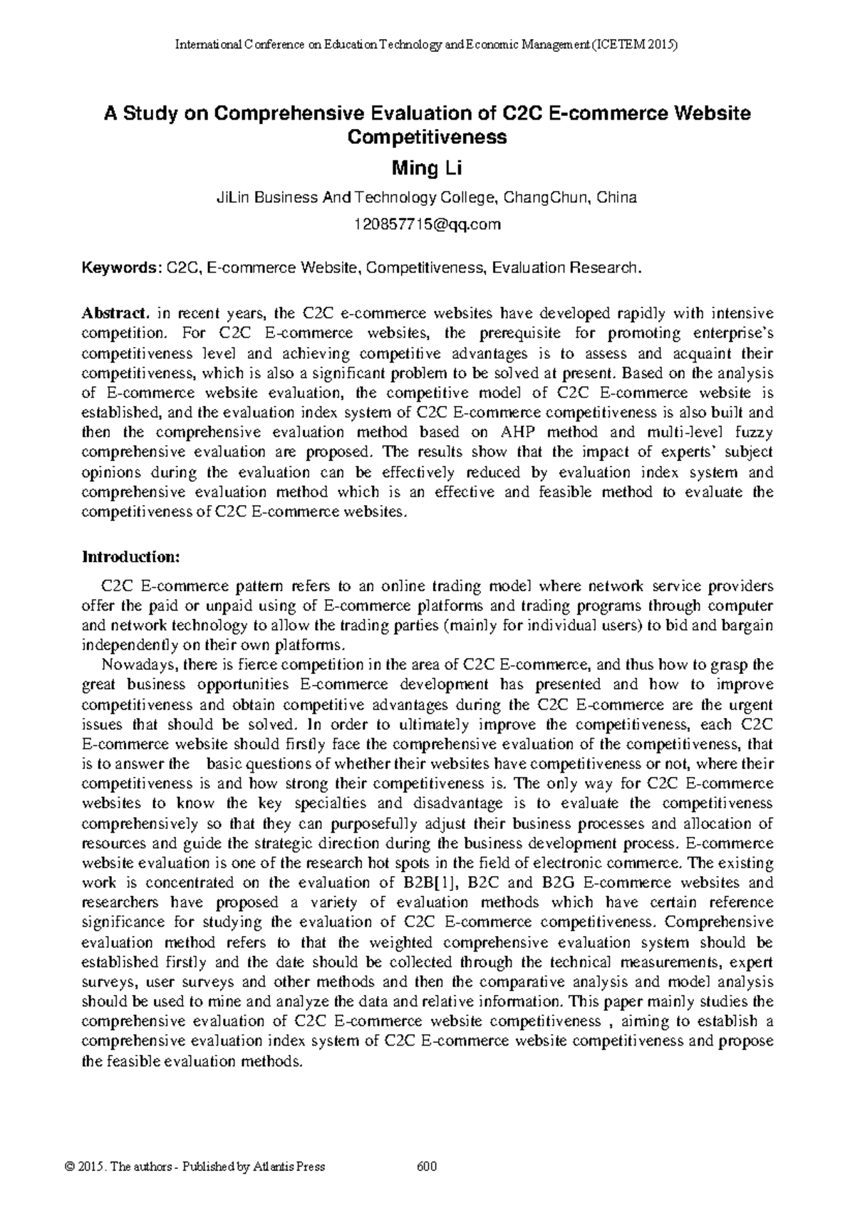 Comprehensive Evaluation of C2C Website Competitiveness (ICETEM 2015 ...
