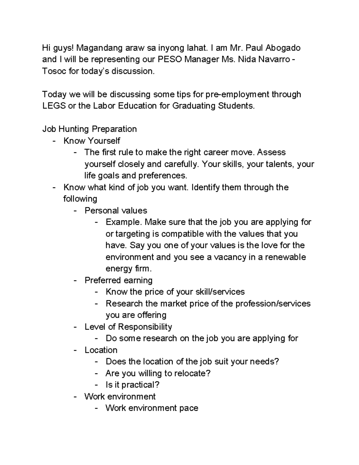 Career Guidance Outline: Tips for Job Hunting Preparation - Studocu