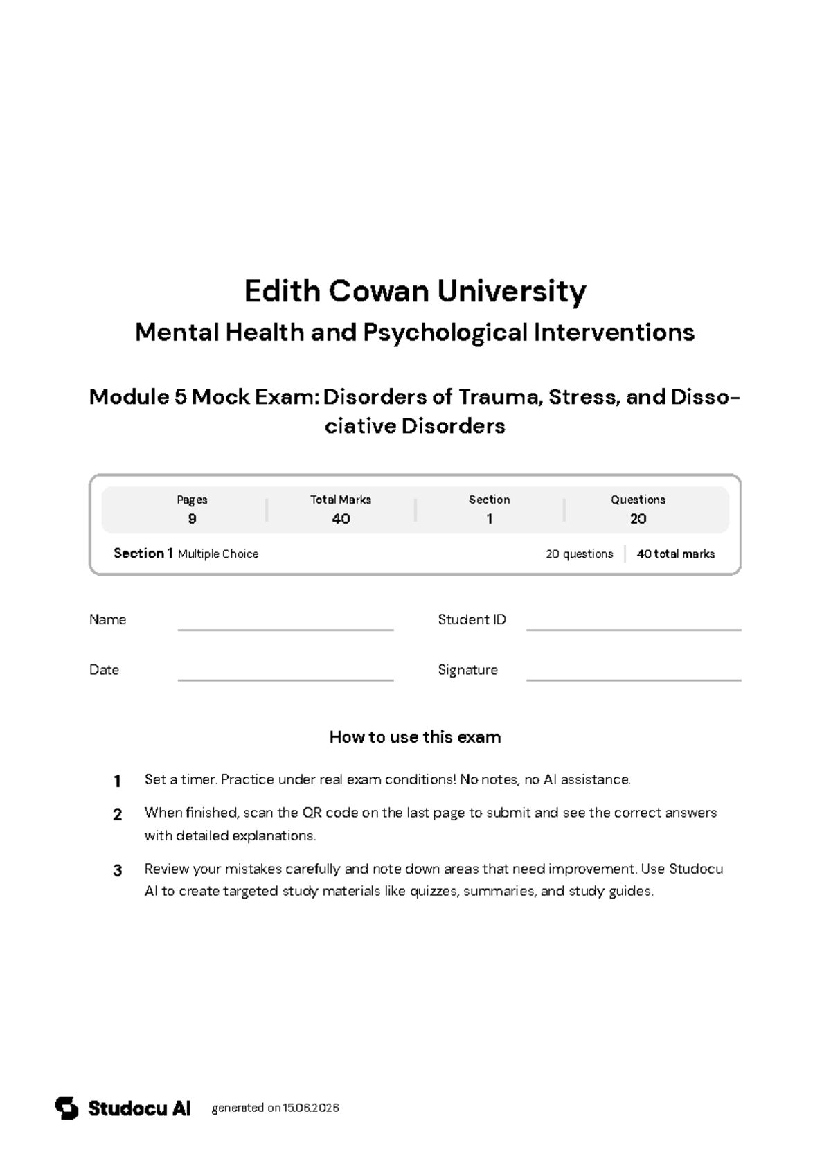 Module 5 Mock Exam: Trauma and Stress Disorders - Studocu