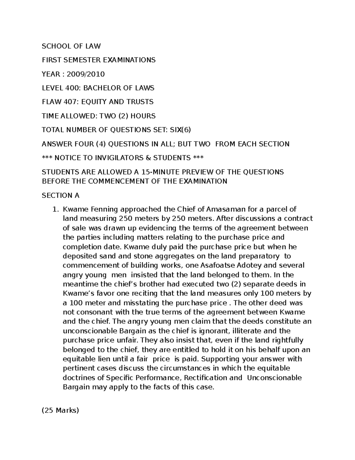 FLAW 407: Equity and Trusts - Past Exam Questions for Level 400 - Studocu