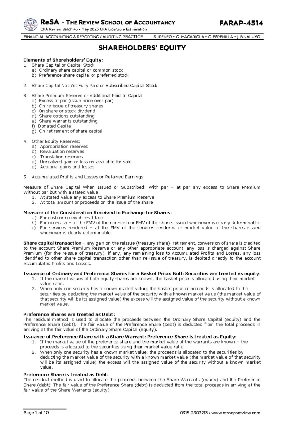 ReSA 4514: Shareholders' Equity Overview and Key Concepts for CPA Exam ...