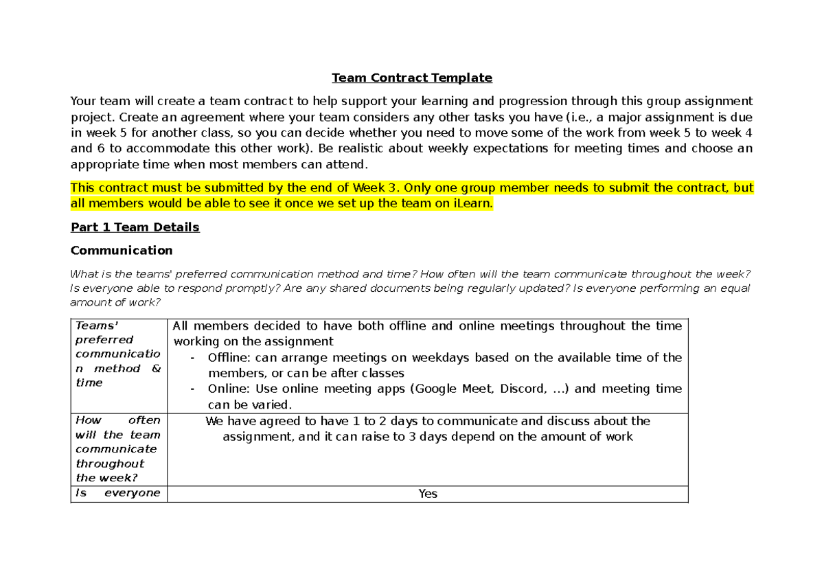 Team Contract Template for Group Project Collaboration and ...