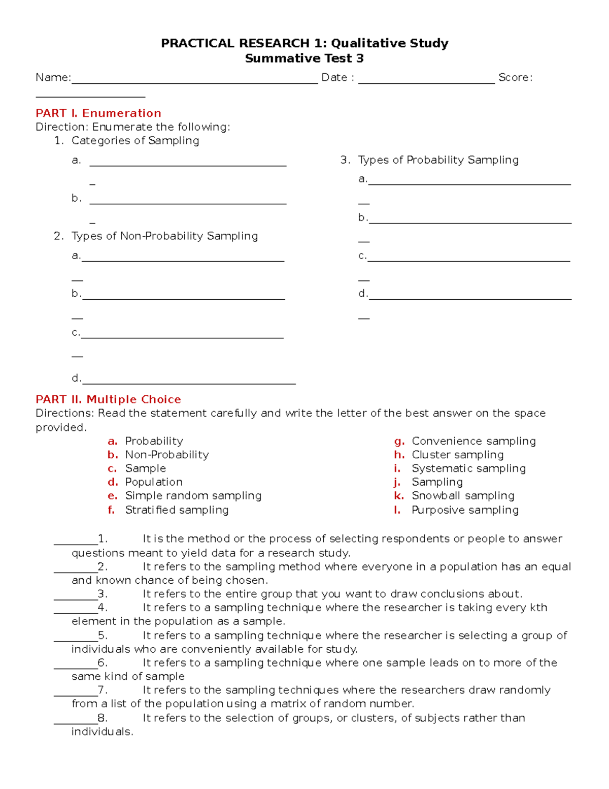 1 Summative TEST 3 Q4 - SAMPLING METHODS - PRACTICAL RESEARCH 1 ...
