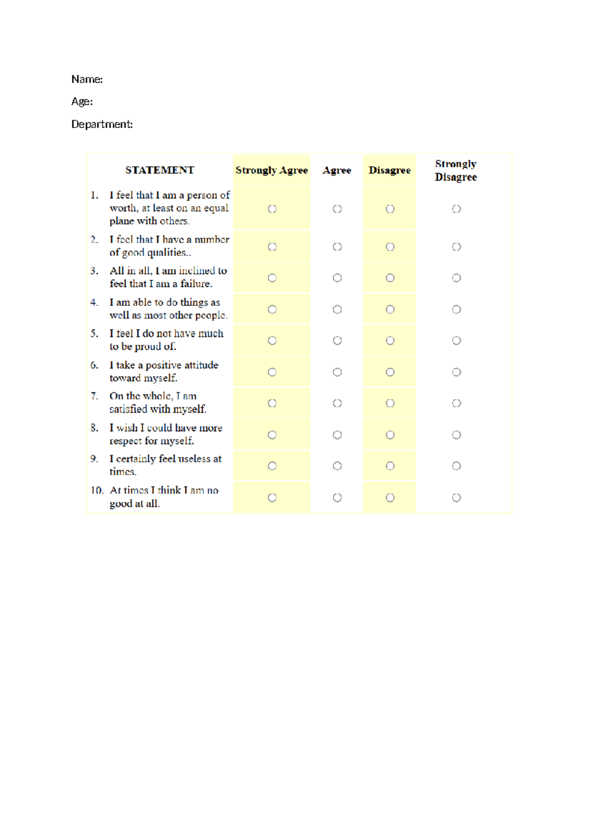 Self Esteem Scale Assessment: Evaluation of Personal Worth - Studocu