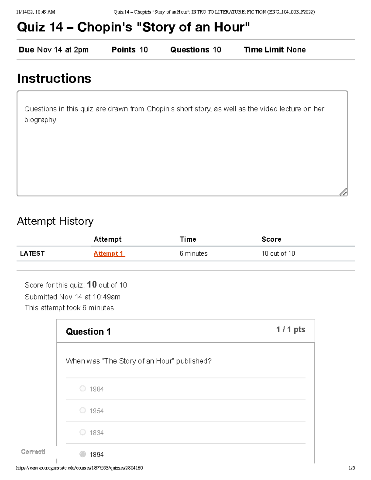 Quiz 14 – Chopin's Story of an Hour - Quiz 14 – Chopin's "Story of an ...