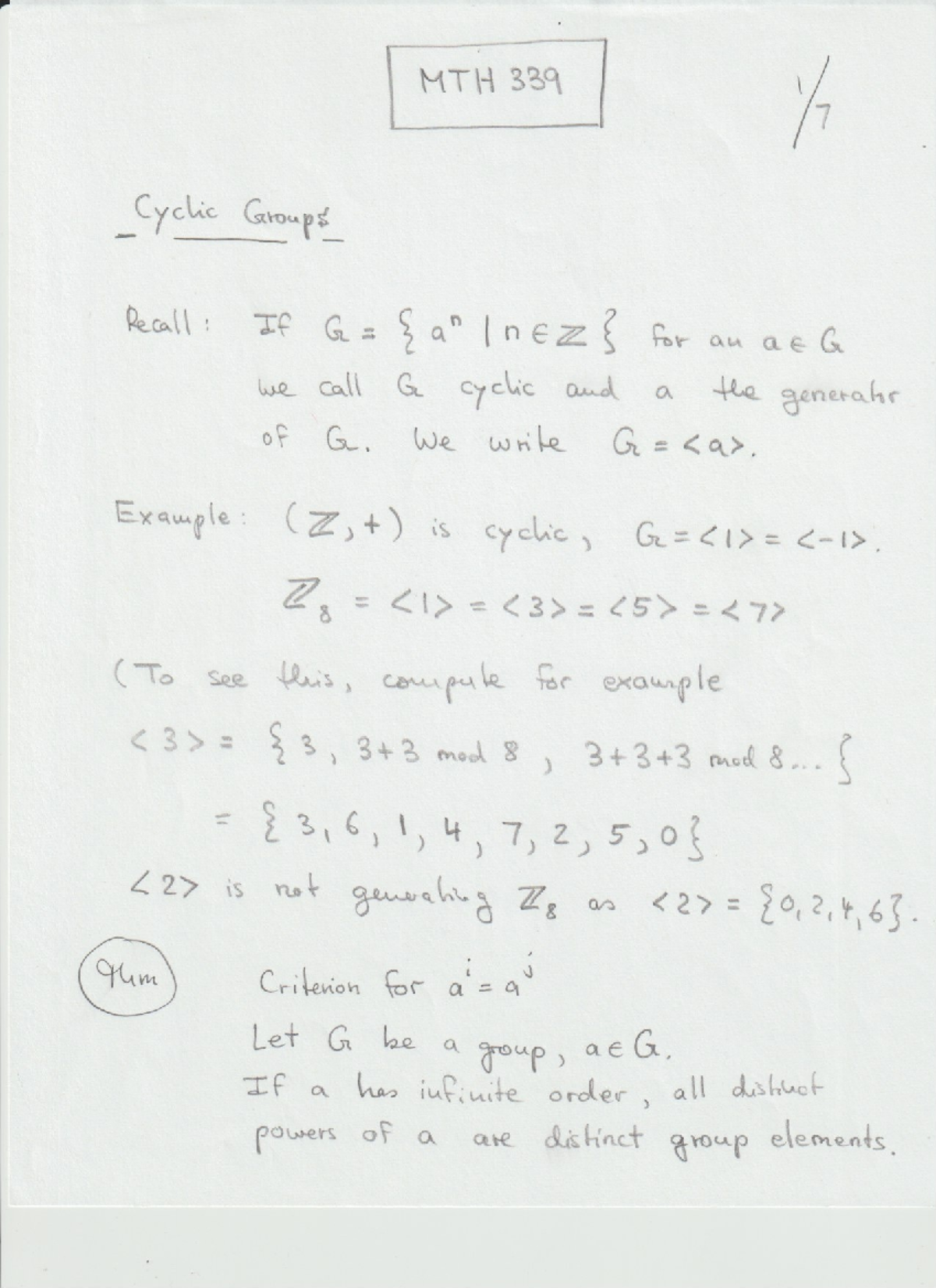 Final Exam Study Notes for Course XYZ 101 - MTH 339 Cyclic Groups ...