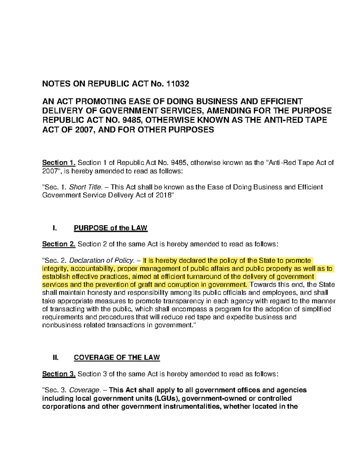 Notes on RA No. 11032: Ease of Doing Business (2018) Law Analysis - Studocu