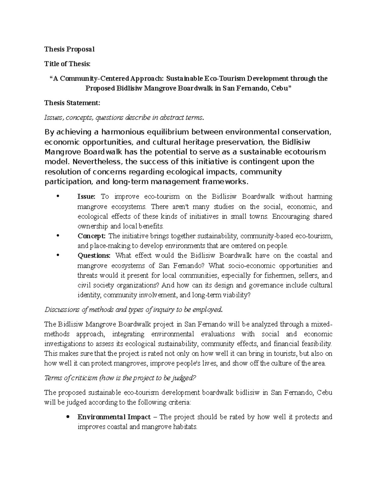 Thesis Proposal: Sustainable Development of Bidlisiw Mangrove Boardwalk ...