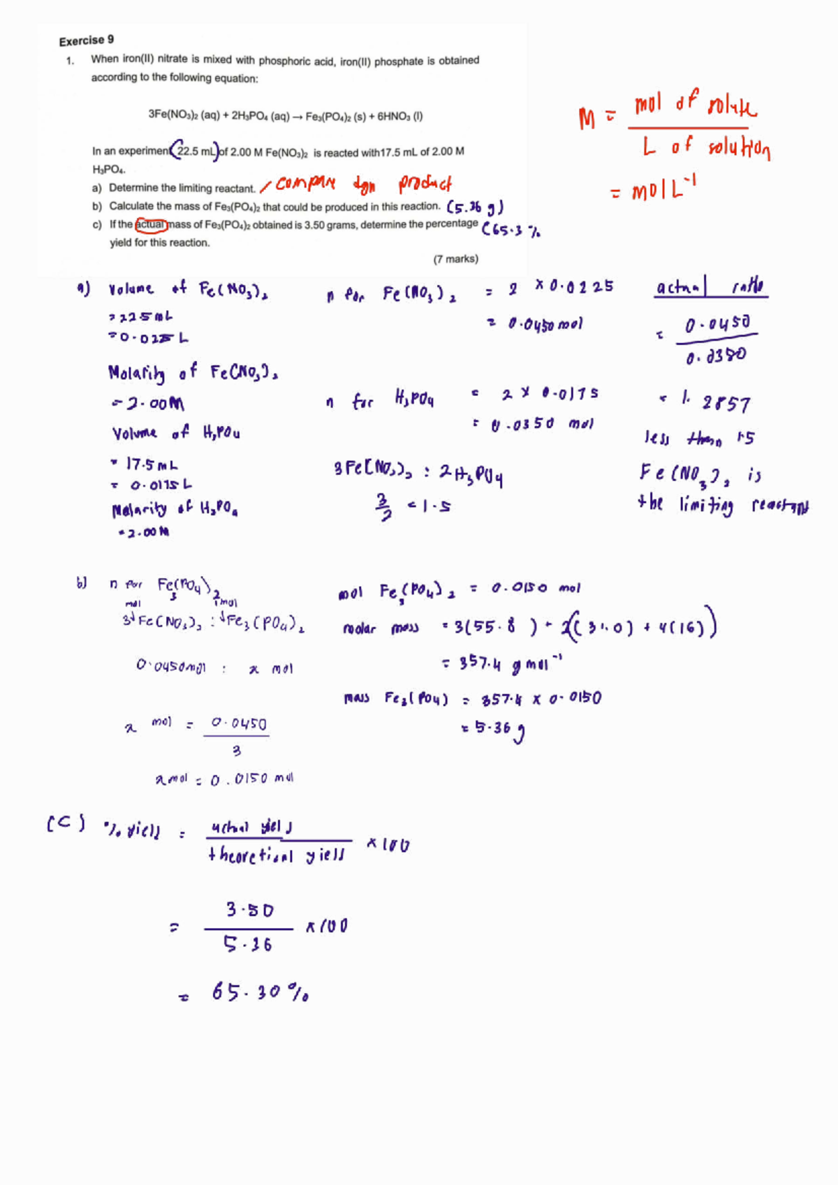 CHM092 C3 Exercise 9 - Chemical Reactions and Yield Calculations - Studocu