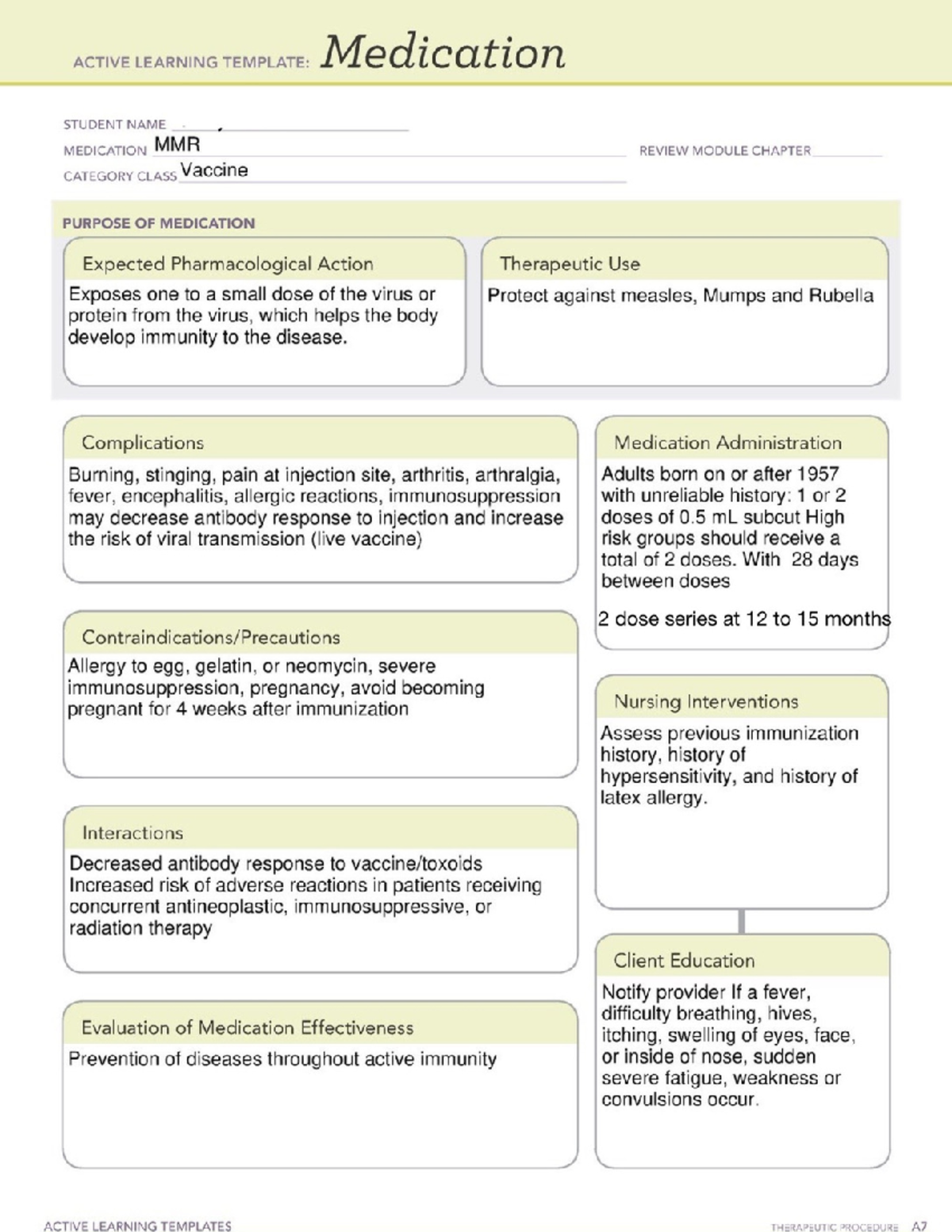 ATI Medication Template - MMR Vaccine Active Learning Notes - Studocu