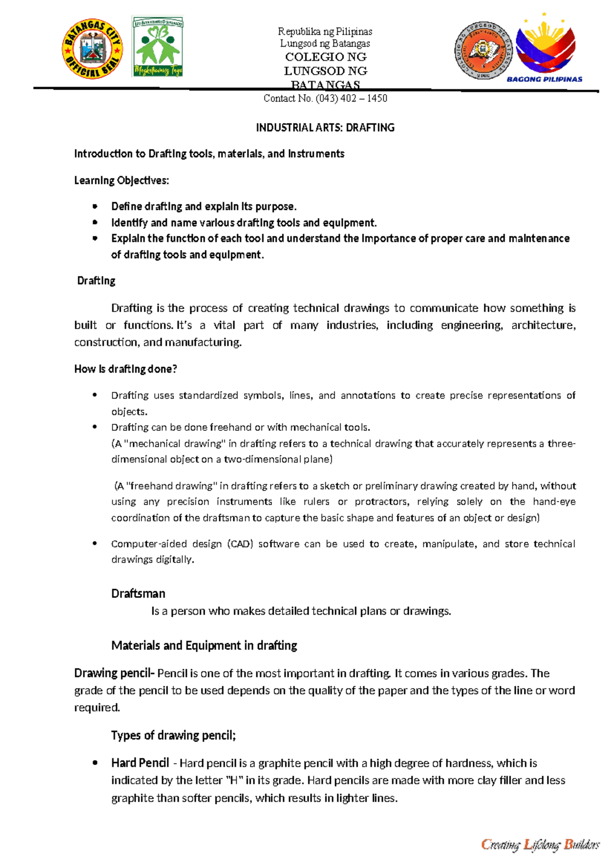 Drafting,handout - drafting - Lungsod ng Batangas COLEGIO NG LUNGSOD NG ...