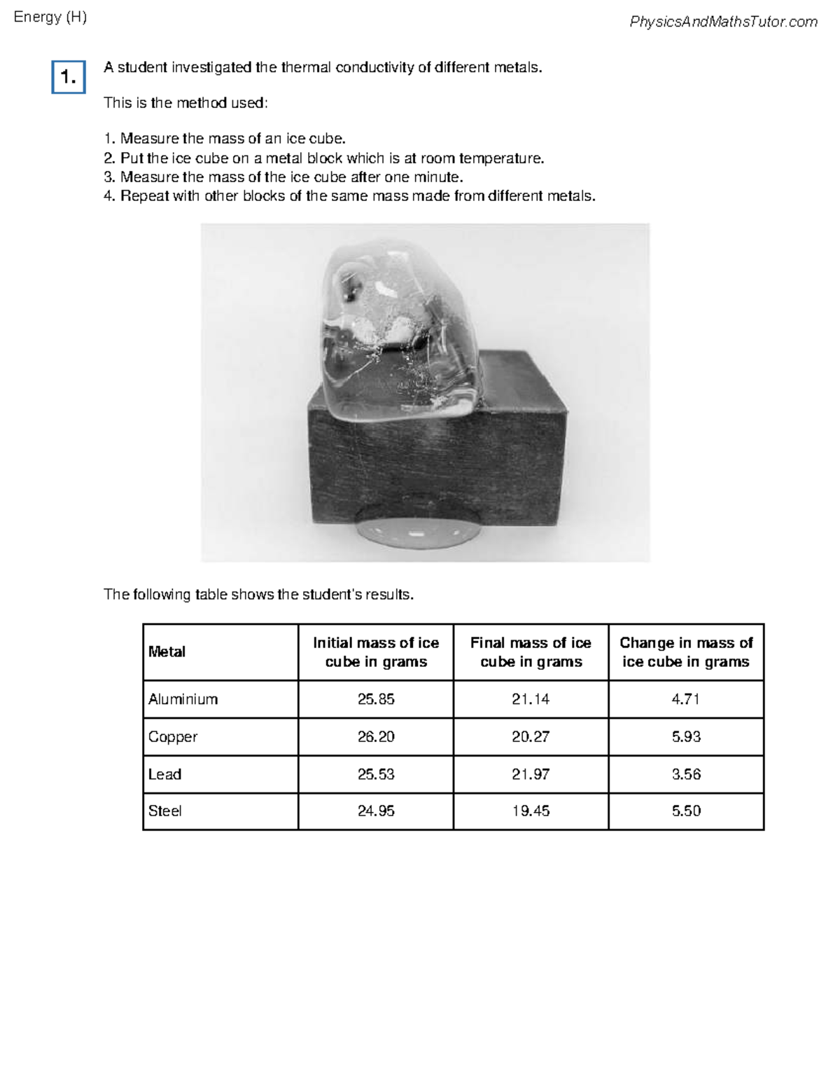 Energy (H) Quiz Paper: Investigating Thermal Conductivity & Power ...