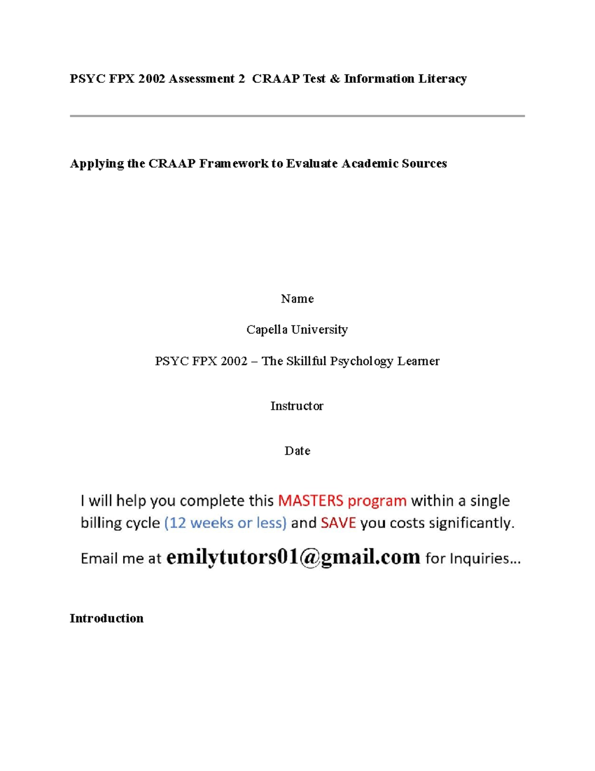 PSYC FPX 2002 Assessment 2: Evaluating Sources with the CRAAP Test ...